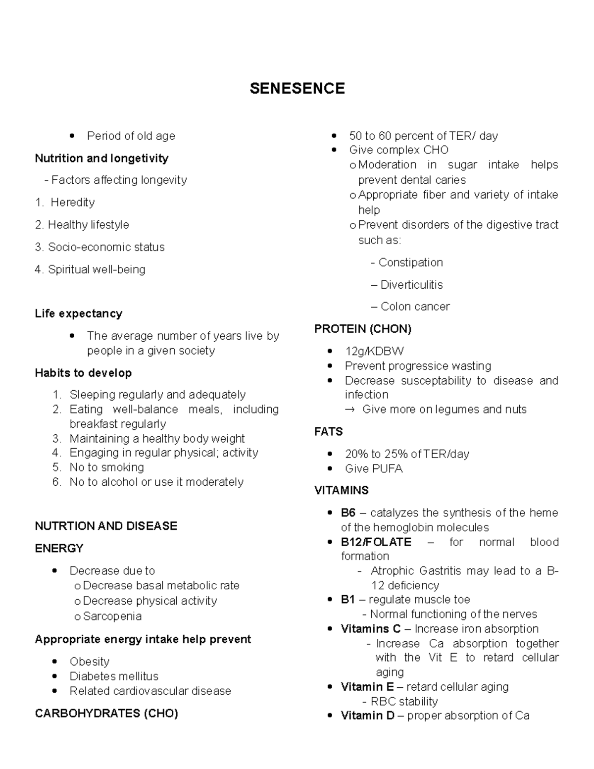 Senescence - Lecture notes 1 - SENESENCE Period of old age Nutrition ...