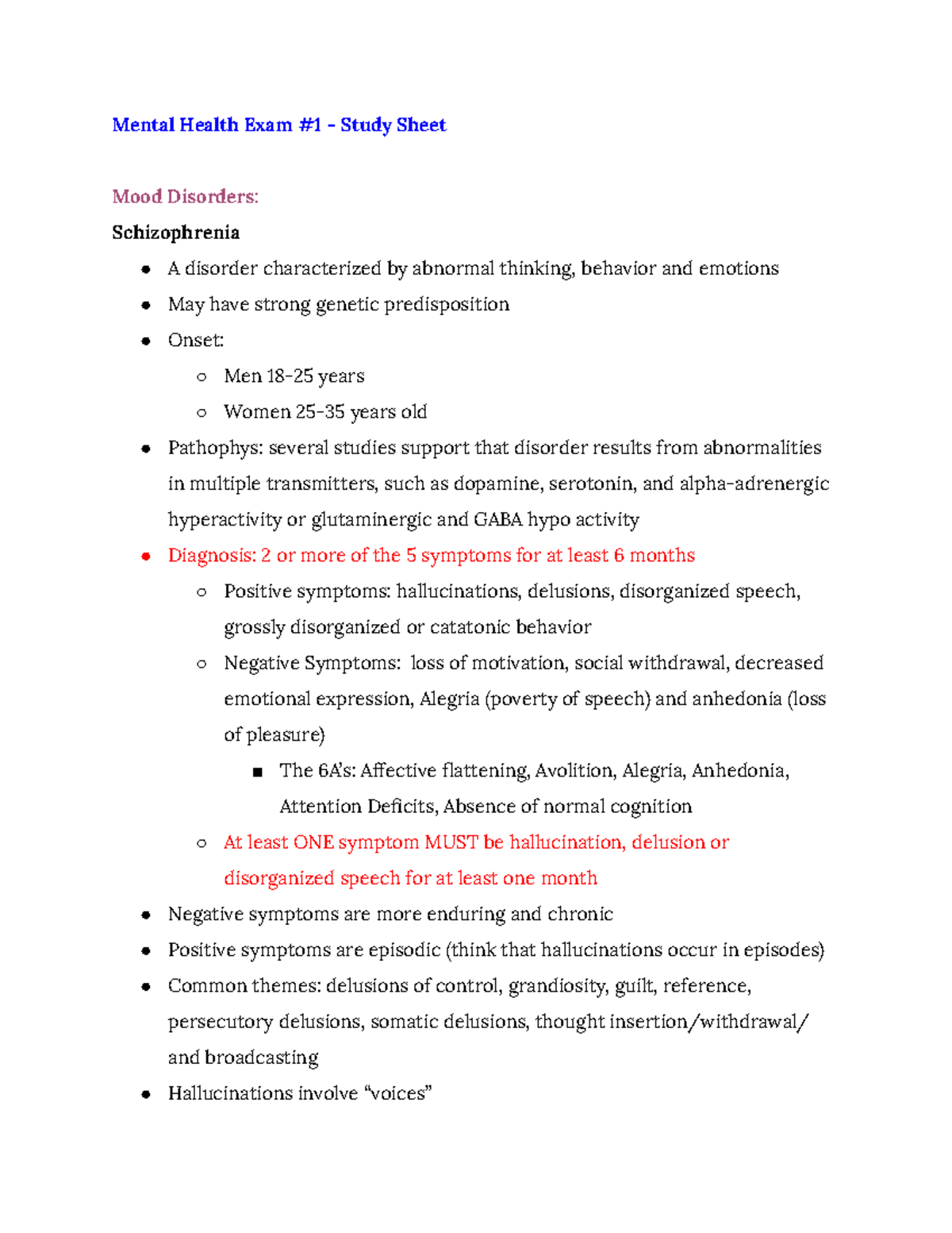 Mental Health Exam #1 Study Sheet - Mental Health Exam #1 - Study Sheet ...
