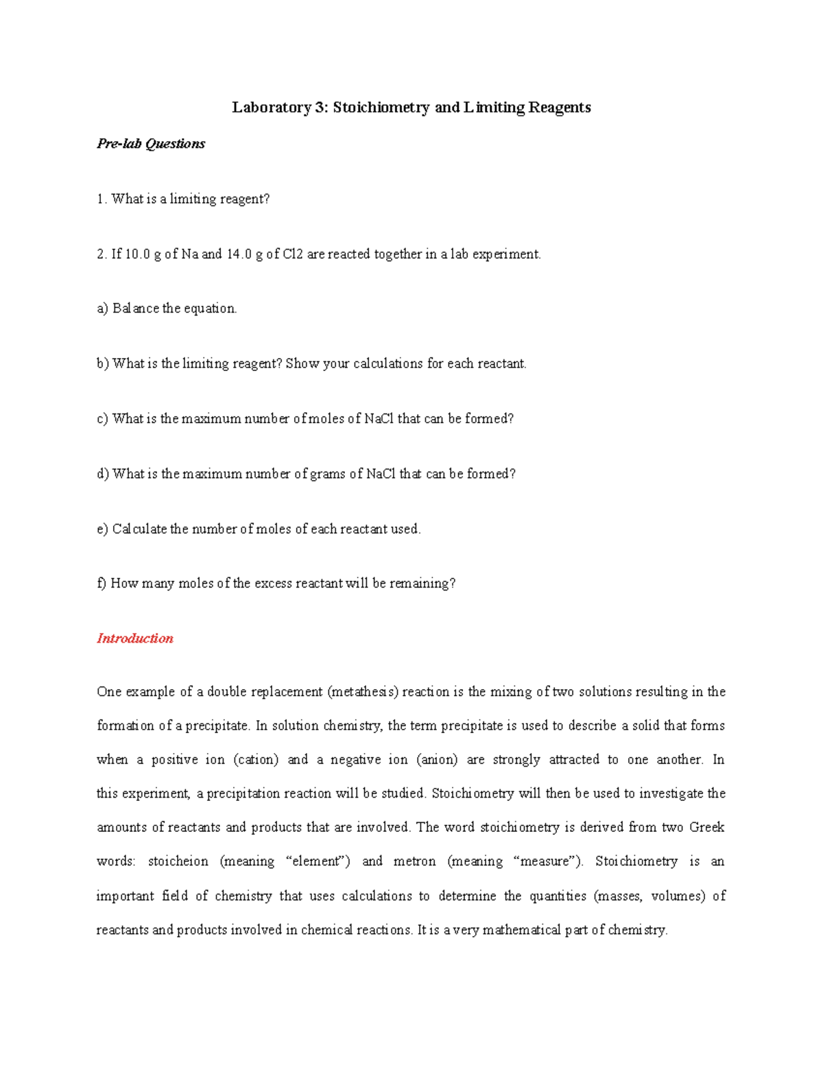 Laboratory 3 Stoichiometry and Limiting Reagents - Laboratory 3 ...