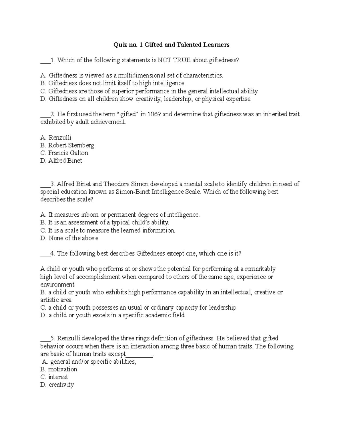 Past Quiz on Gifted and Talented Learners - Quiz no. 1 Gifted and ...
