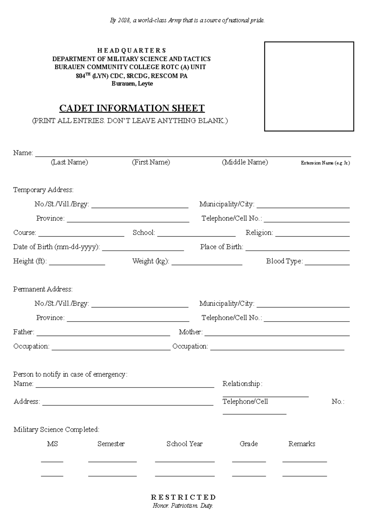 Cadet Information Sheet 1 - By 2028, a world-class Army that is a ...