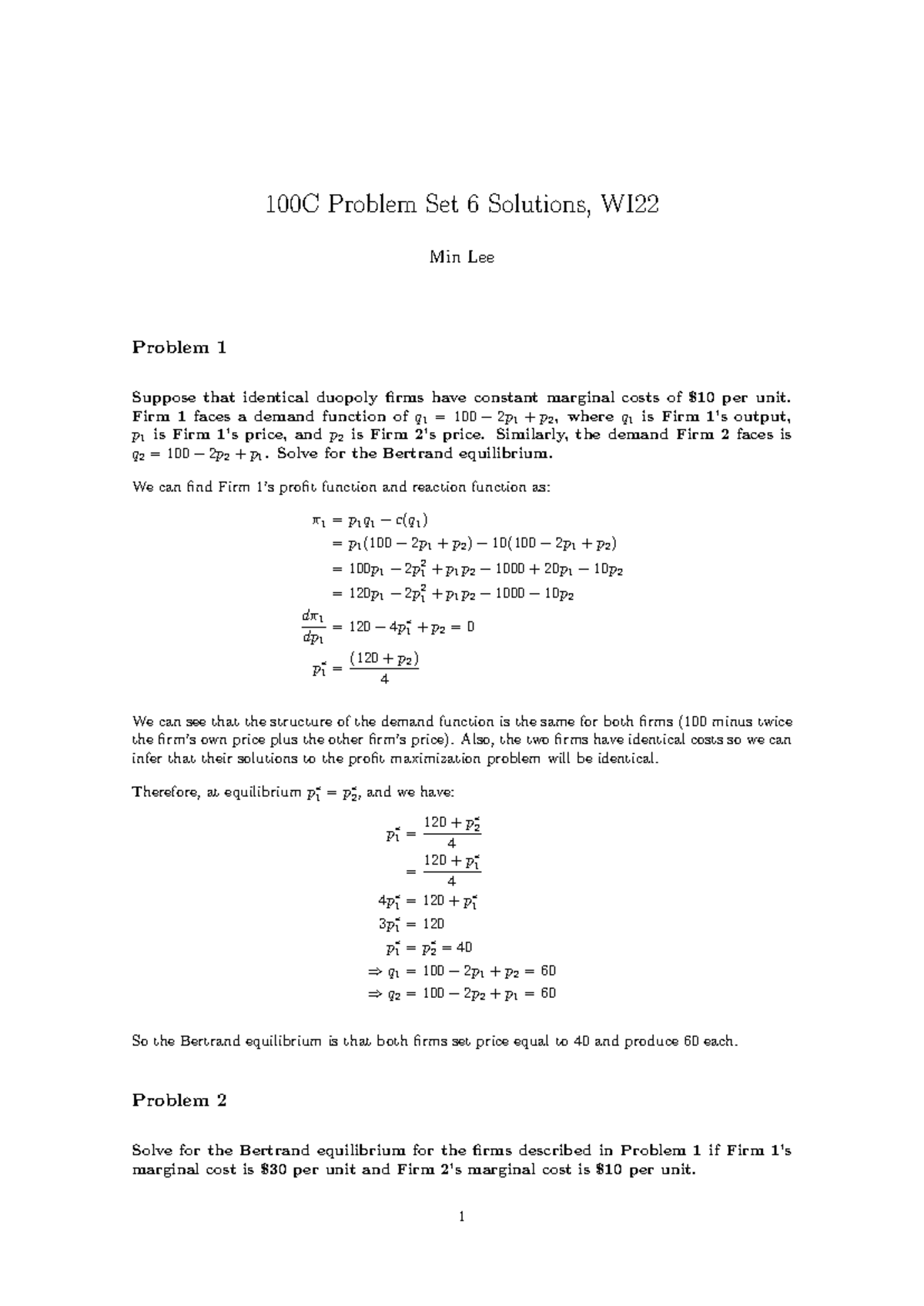 PSET6 TASol - Problem Set 6 TA solution - 100C Problem Set 6 Solutions, WI Min Lee Problem 1 ...