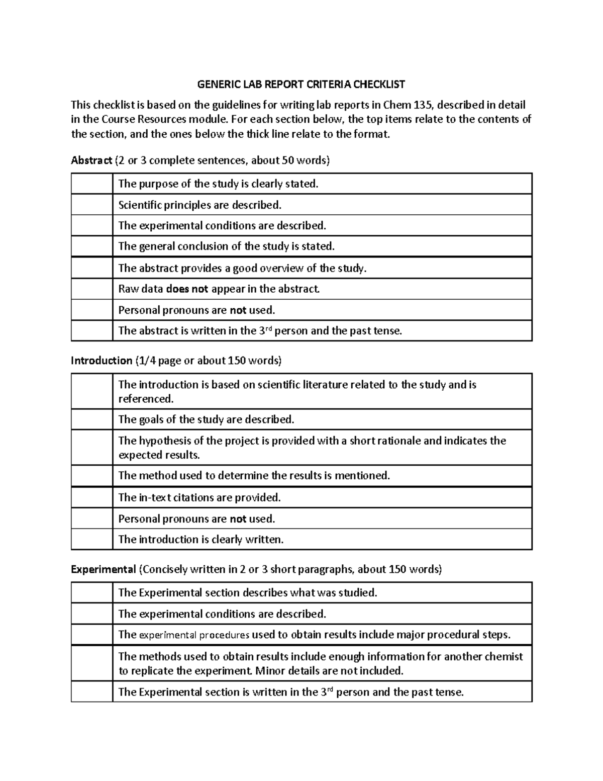Generic LAB Report Criteria Checklist - Chem 123 - UBC - Studocu