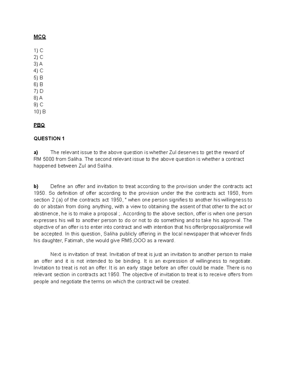 LAW083 TUTO Answers - MCQ 1) C 2) C 3) A 4) C 5) B 6) B 7) D 8) A 9) C ...