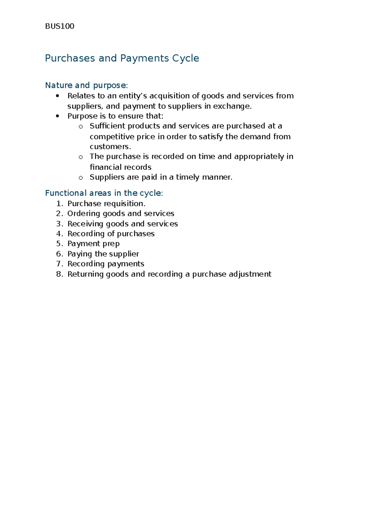 Purchases and Payments Cycle summary - Purchases and Payments Cycle ...