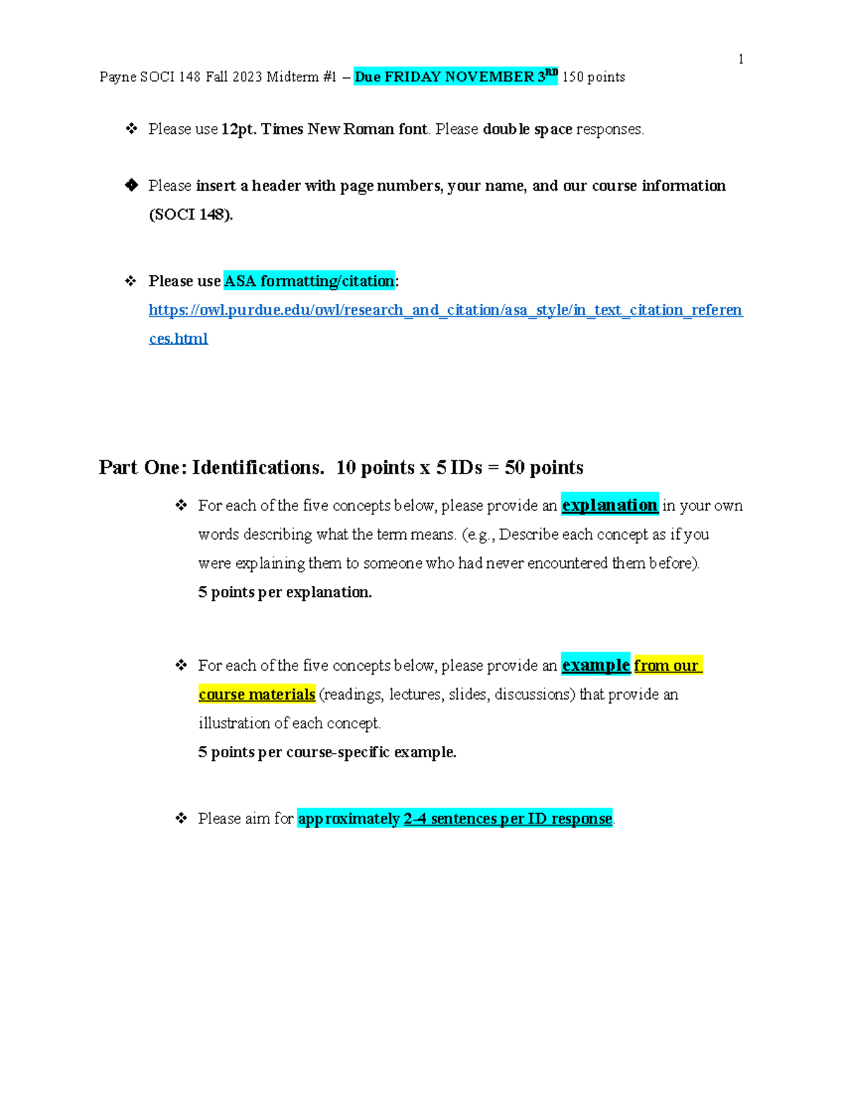 Payne SOCI 148 F23 Midterm 1-3 - Payne SOCI 148 Fall 2023 Midterm #1 ...
