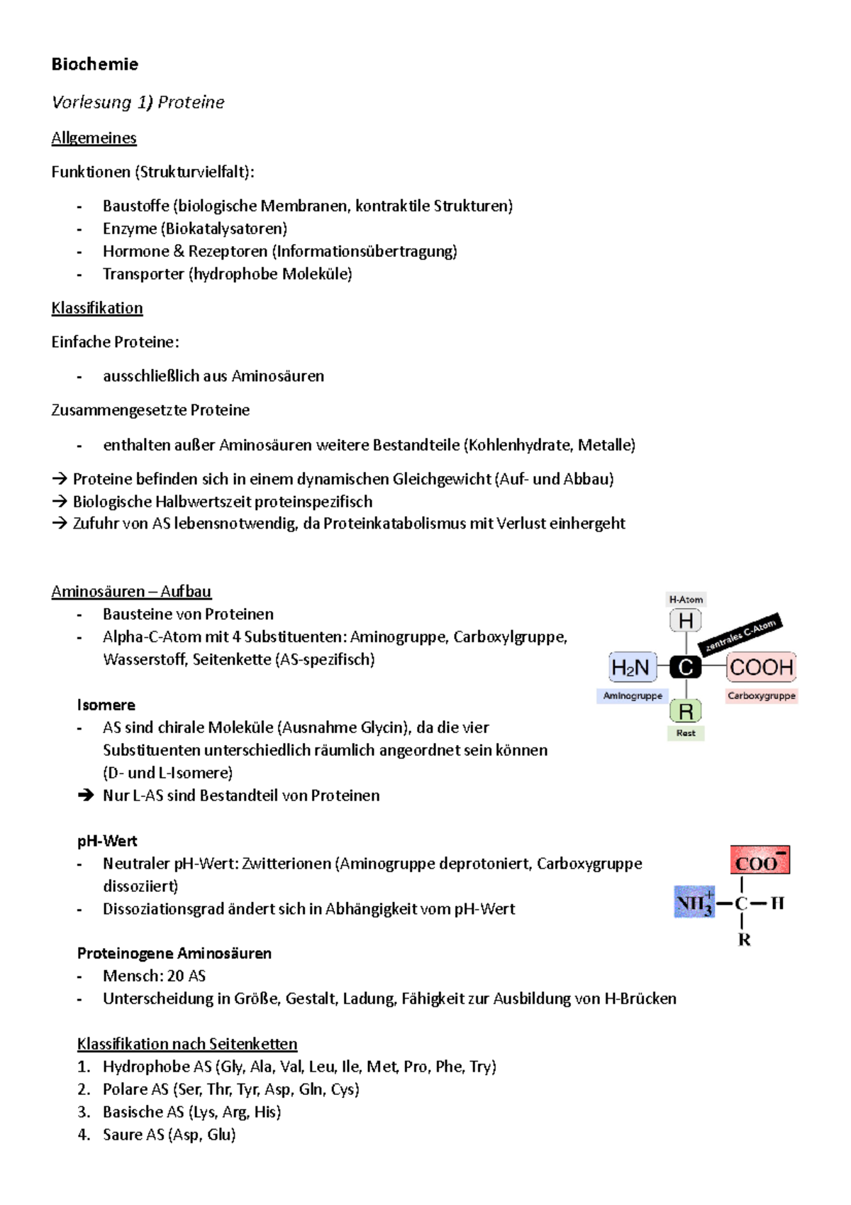 Biochemie Zusammenfassung - Biochemie Vorlesung 1) Proteine Allgemeines ...