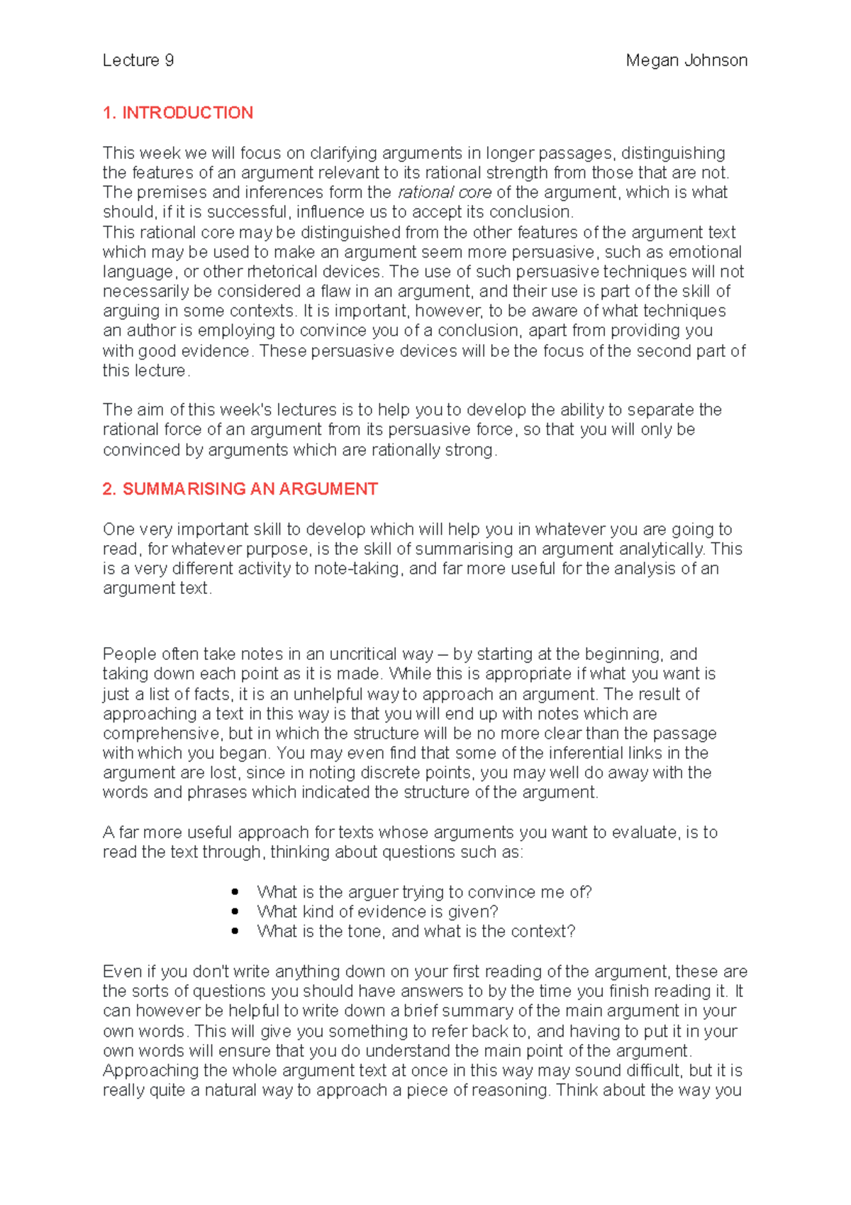 summarising arguments - 1. INTRODUCTION This week we will focus on clarifying arguments in ...