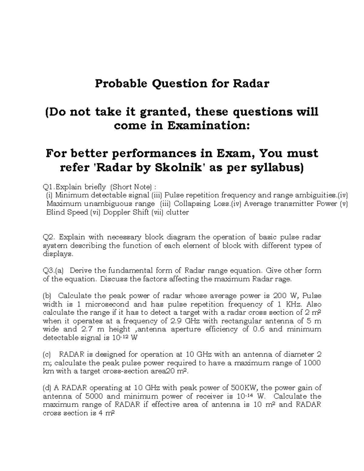 Probable Questions for Radar - (iv) Maximum unambiguous range (iii ...