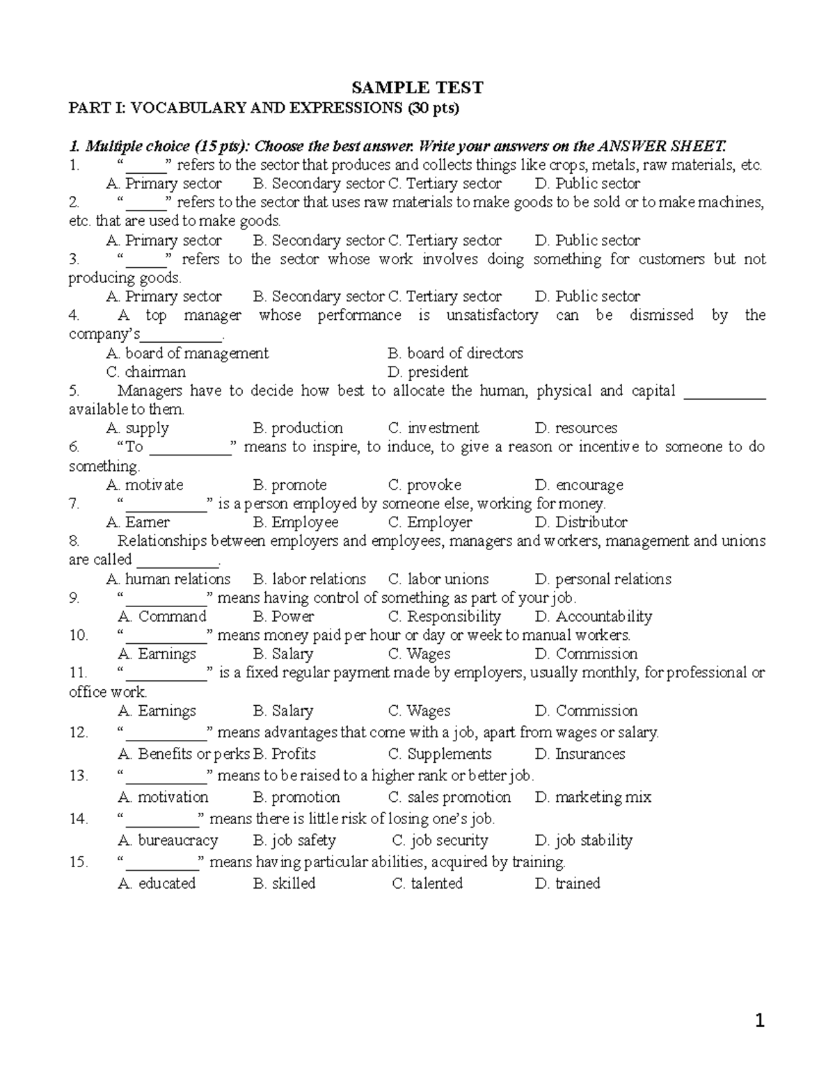Sample test - About final test - SAMPLE TEST PART I: VOCABULARY AND ...