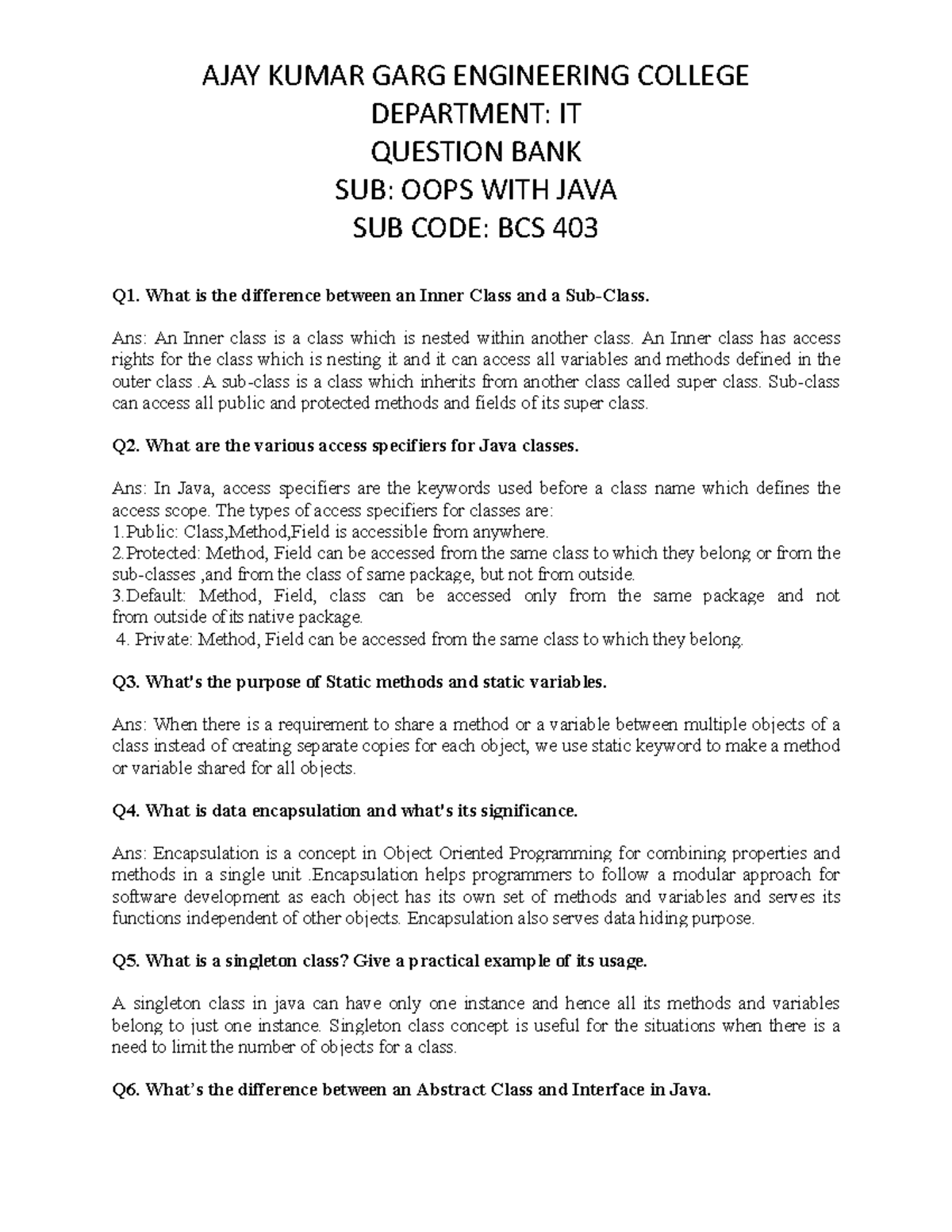 Java Oopj Question Bank Department It Question Bank Sub Oops With Java Sub Code Bcs 403