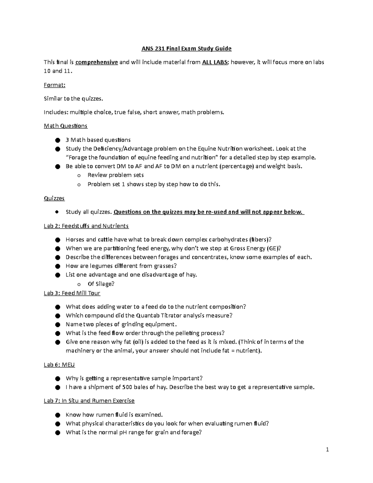 ANS 231 2018 Final Study Guide - ANS 231 Final Exam Study Guide This ...