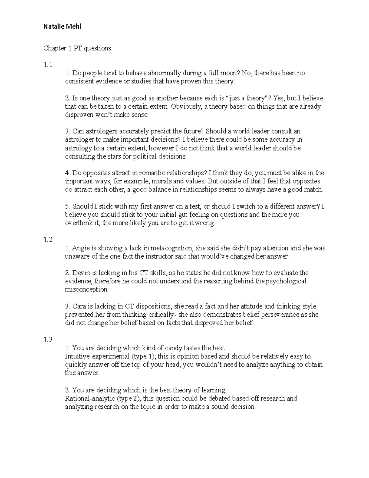 PT Chapter 1 Critical Thinking Example Questions Natalie Mehl