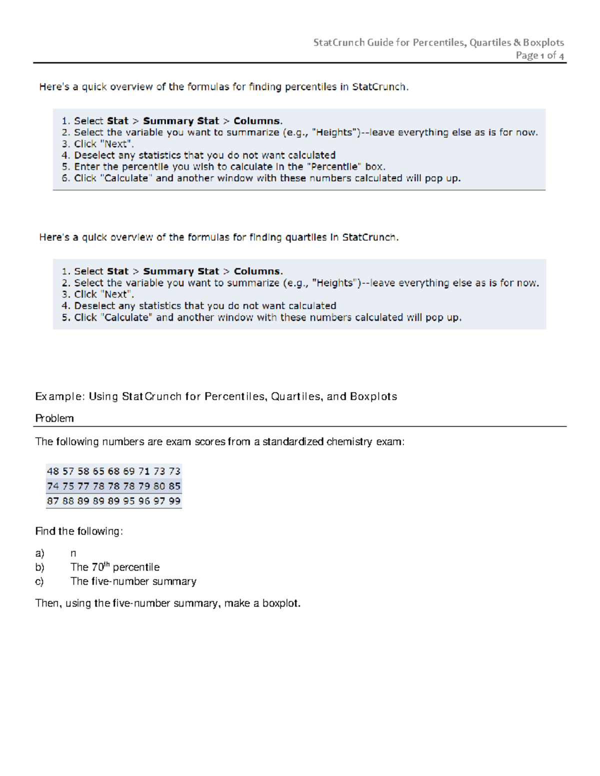 Percentiles, Quartiles & Boxplots - StatCrunch How to. STATS 2020 ...