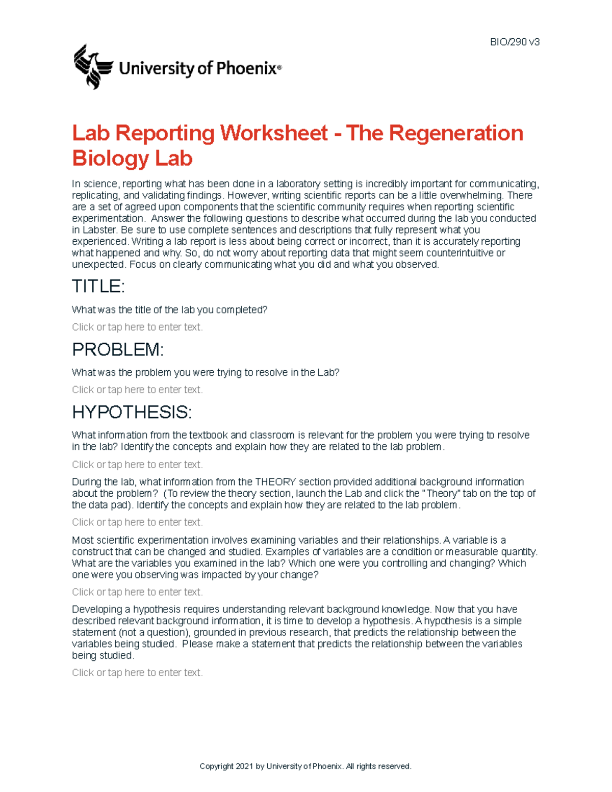 Bio290 v3 wk3 the regeneration biology lab - BIO/290 v Lab Reporting ...