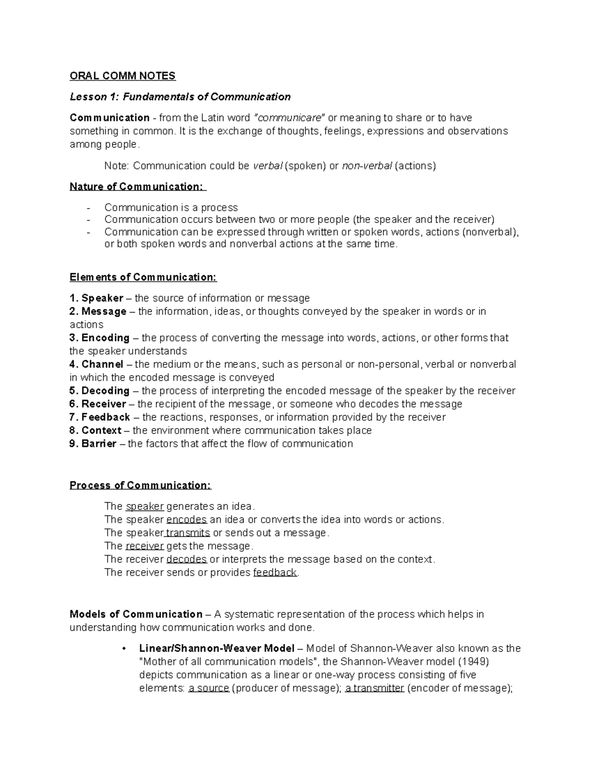 ORAL-COMM- Notes - Oral Communication. - ORAL COMM NOTES Lesson 1 ...