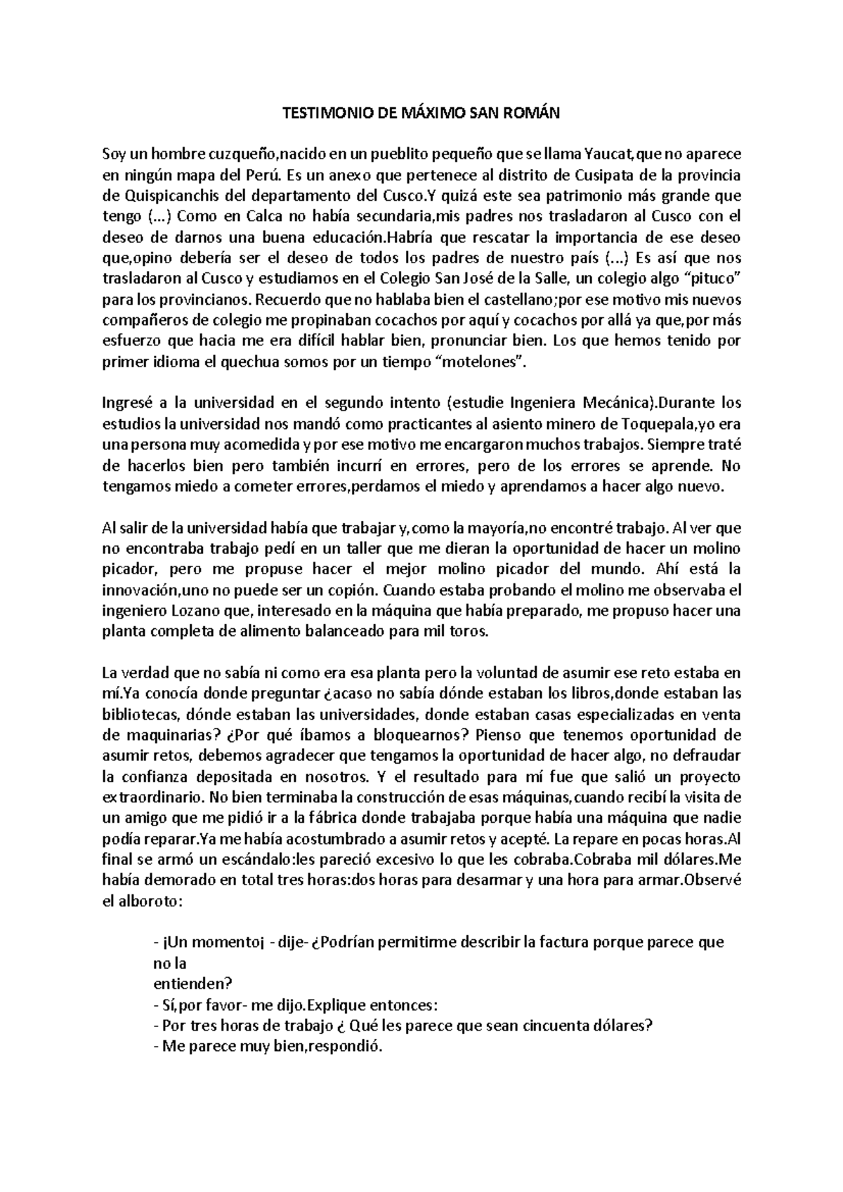 Testimonio DE MÁXIMO SAN ROMÁN - TESTIMONIO DE MÁXIMO SAN ROMÁN Soy un ...