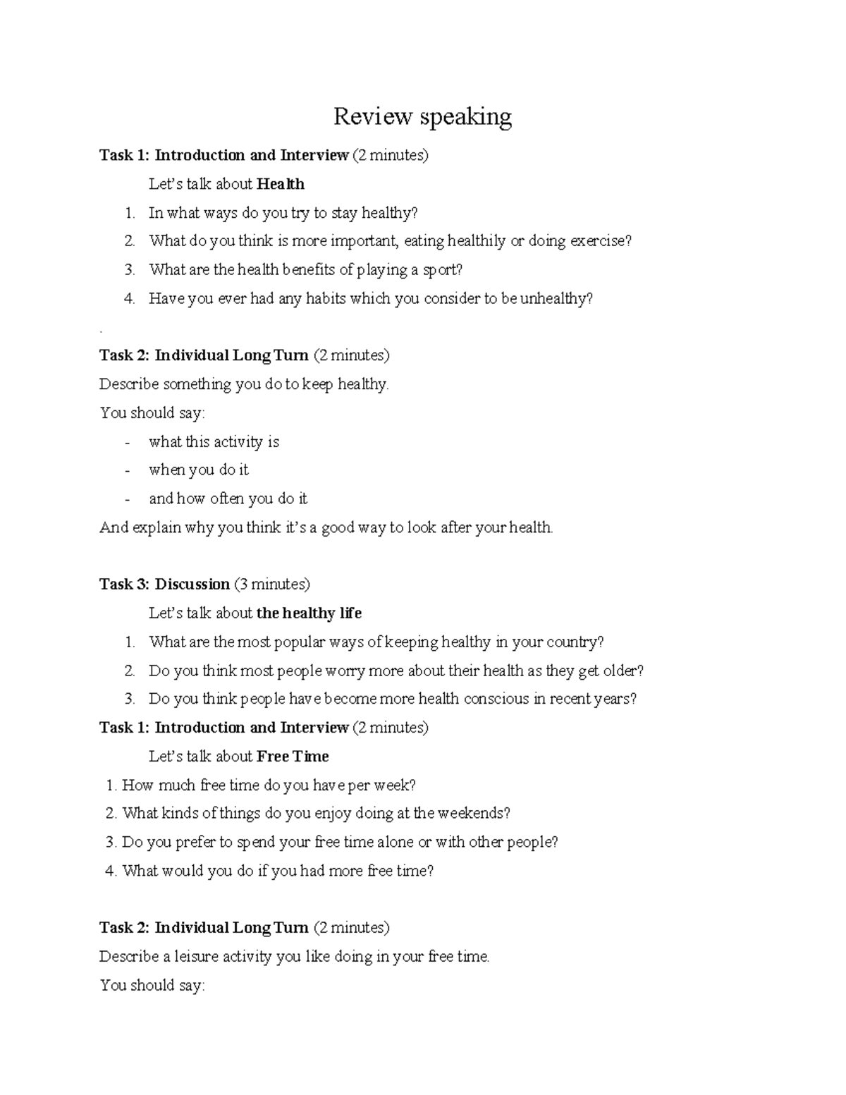 Speaking review - Review speaking Task 1: Introduction and Interview (2 ...