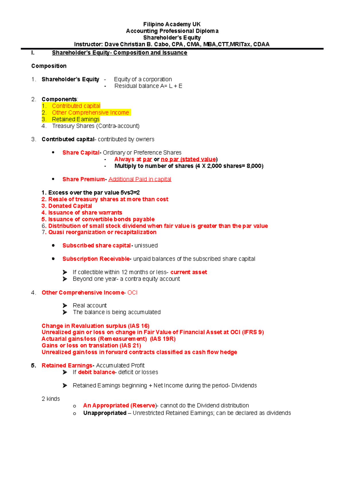 Shareholders Equity - Multiple choices question - Filipino Academy UK ...