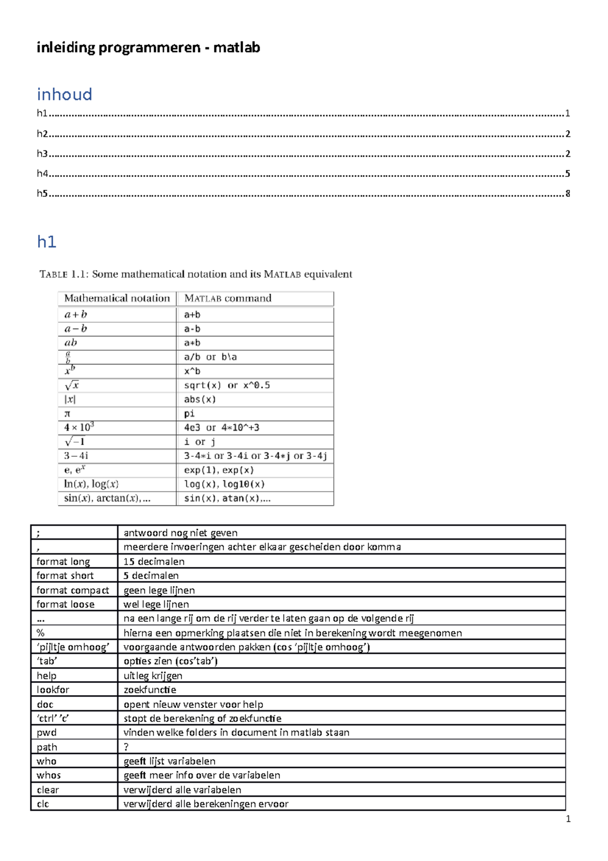 Matlab mod3 tabellen samenvatting - inleiding programmeren - matlab ...