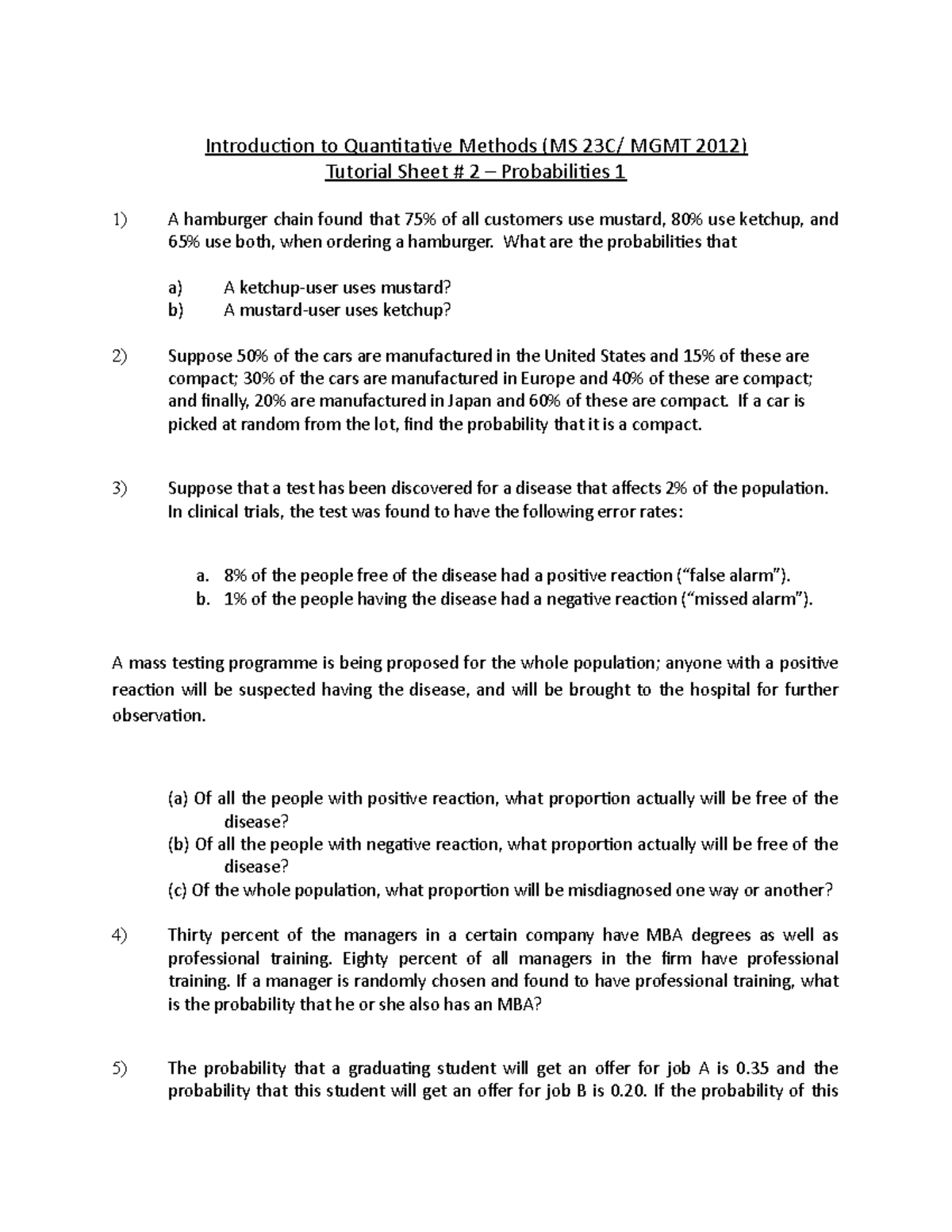 Tutorial Sheet 2 - Probabilities - Introduction to Quantitative Methods (MS 23C/ MGMT 2012 ...
