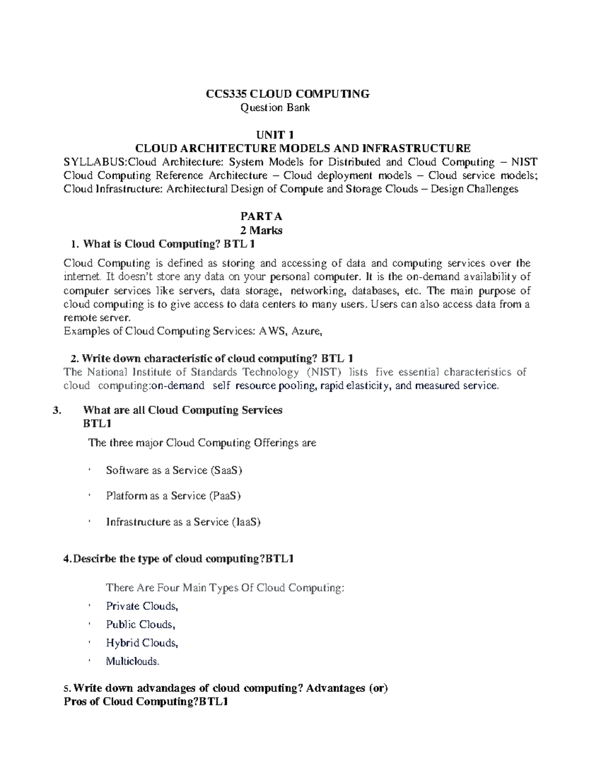 Unit - 1 CC notes - CCS335 CLOUD COMPUTING Question Bank UNIT 1 CLOUD ...