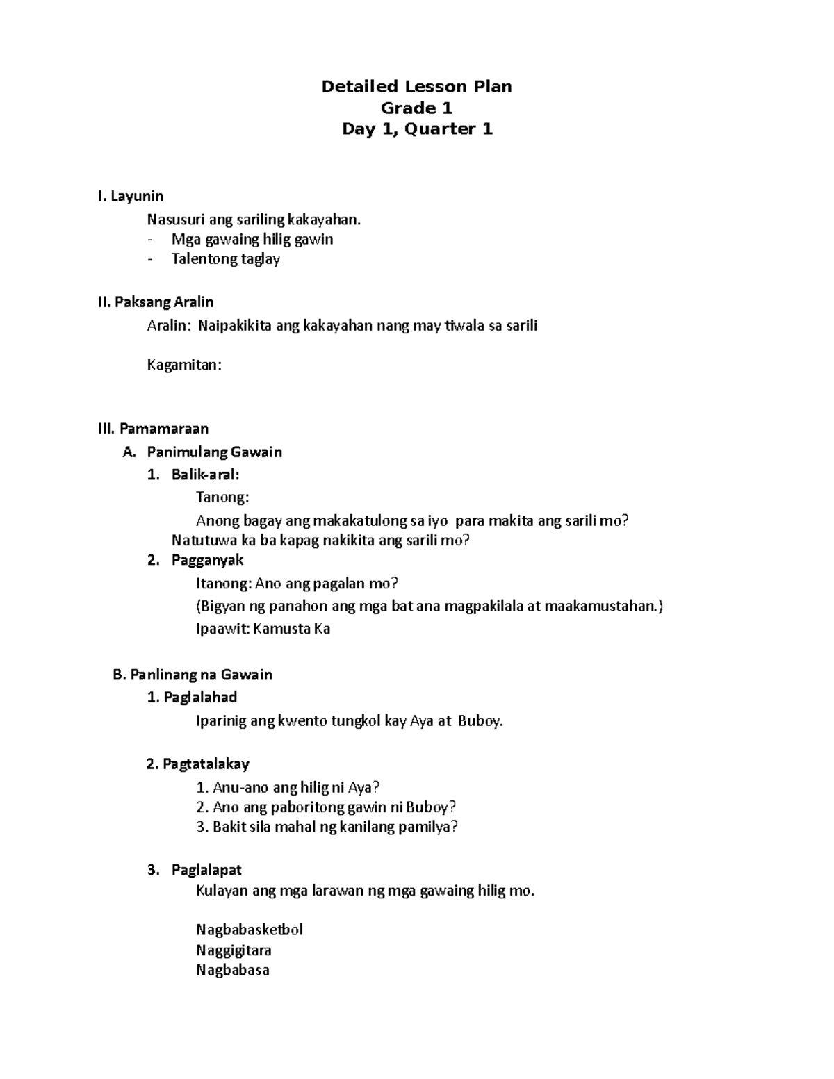 DLP ESP W1-D - about lesson plan - Detailed Lesson Plan Grade 1 Day 1 ...
