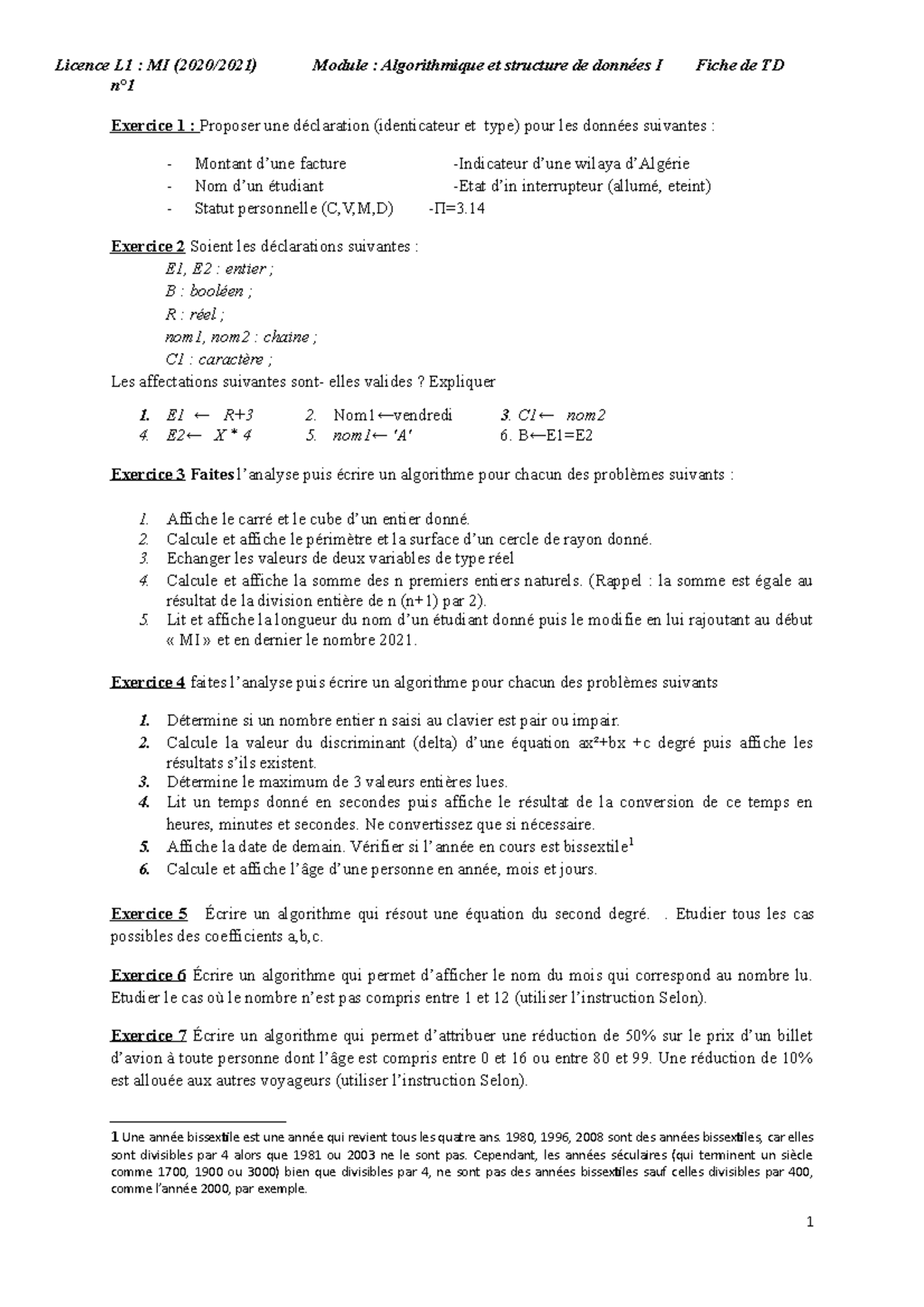 Fiche 1 2021 - Licence L1 : MI (2020/2021) Module : Algorithmique et structure de données I ...