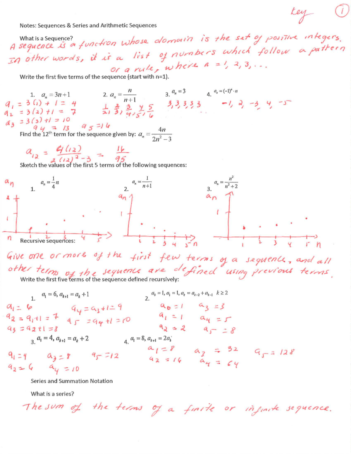 Arithmetic Seqences and Series Notes KEY - key Notes: Sequences Series ...