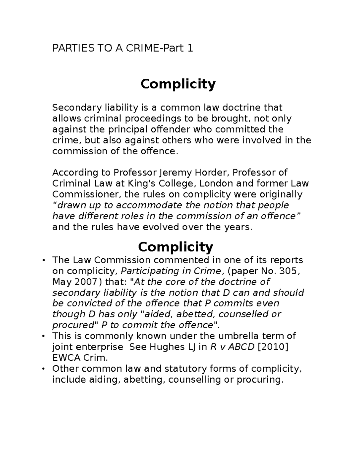 Parties to a crime part 1 - PARTIES TO A CRIME-Part 1 Complicity ...
