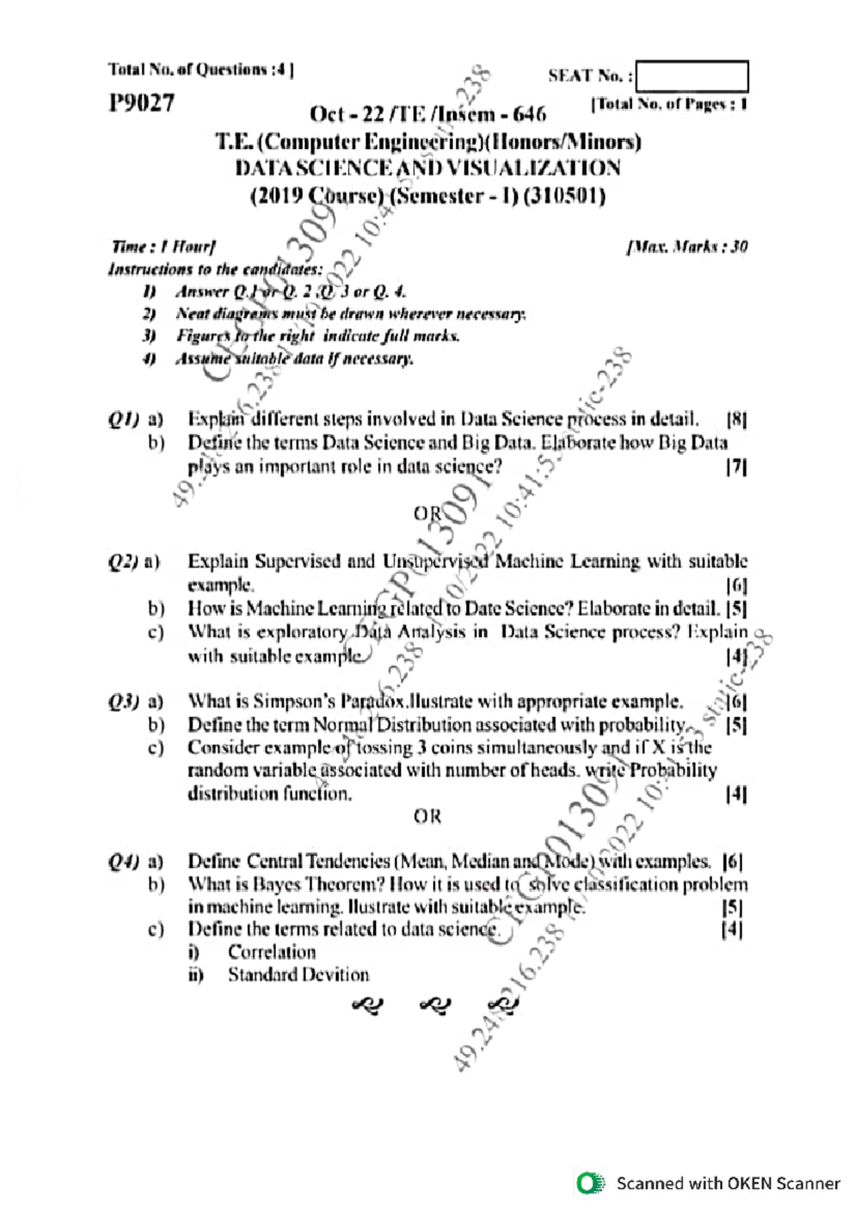Dara science insem paper - Total No. of Questions :4 238 SEAT No. P9027 ...