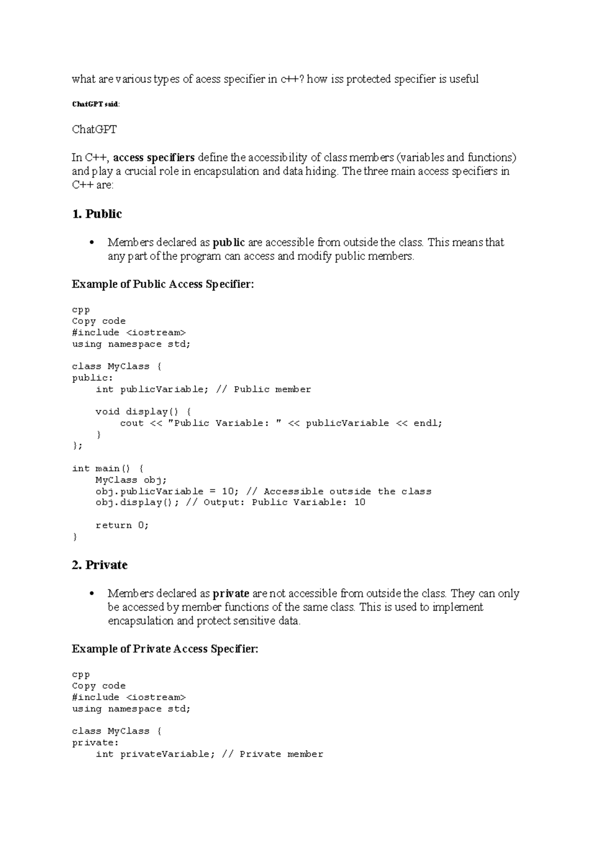What are various types of acess specifier in c - The three main access ...