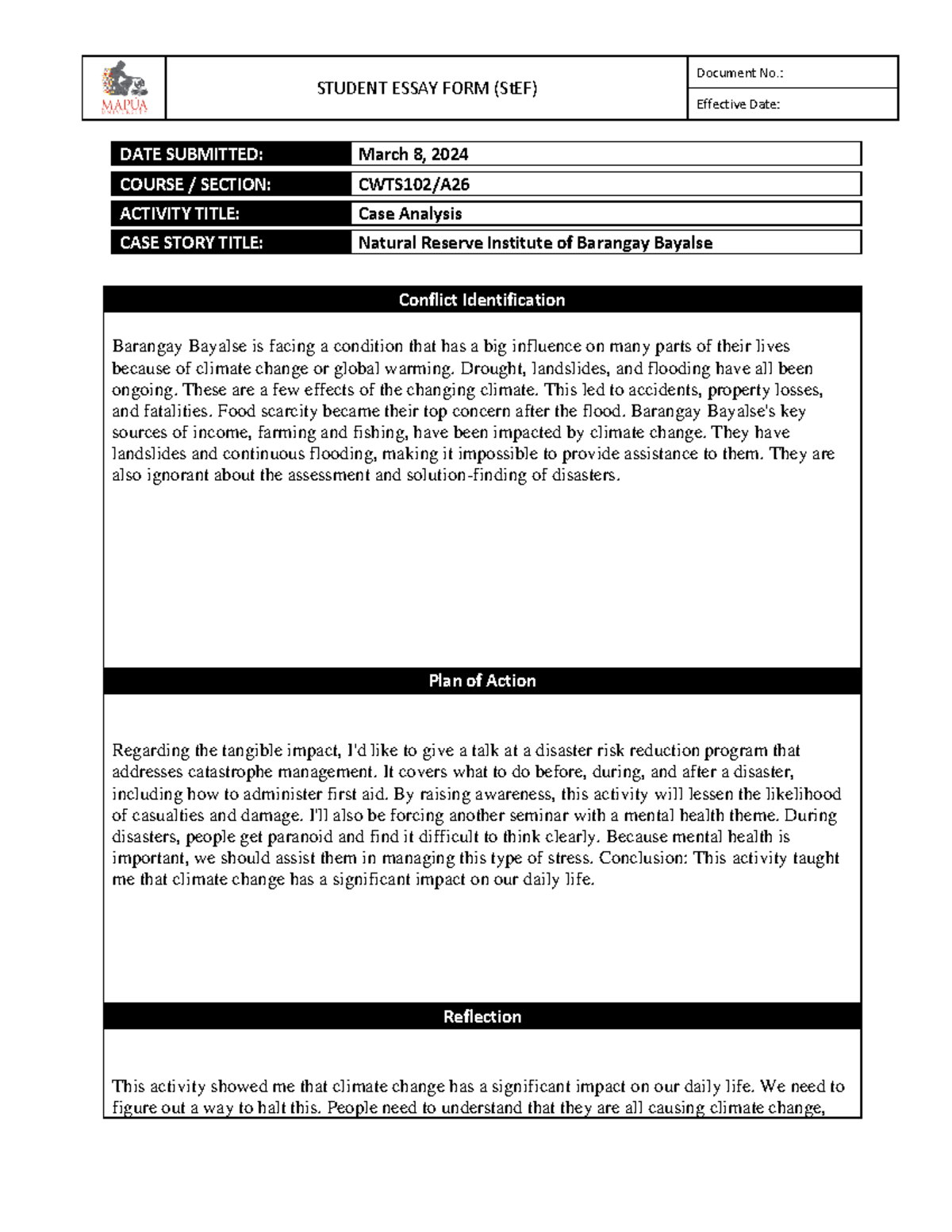 Que Case analysis Essay Natural Reserve Institute of Barangay Bayalse ...