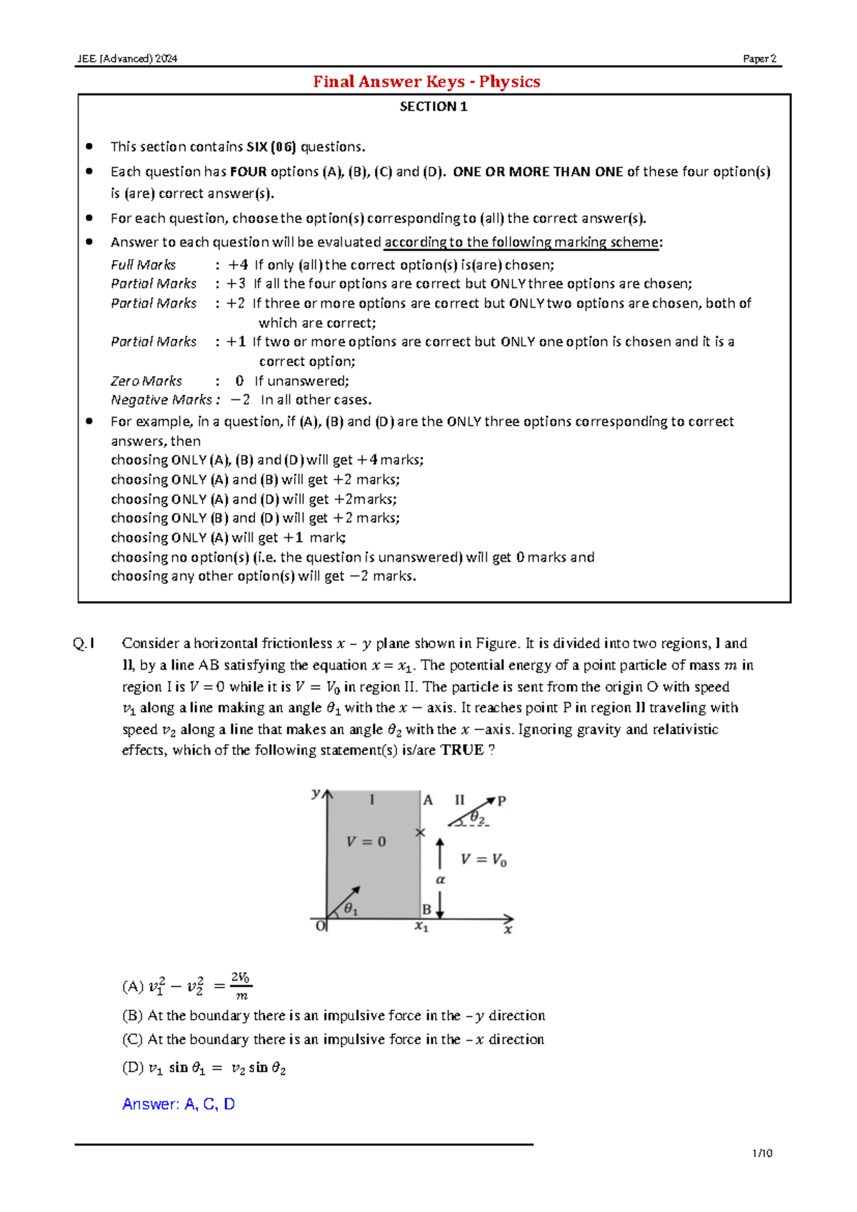 2024 1 Physics Keys Final - Final Answer Keys - Physics This section ...