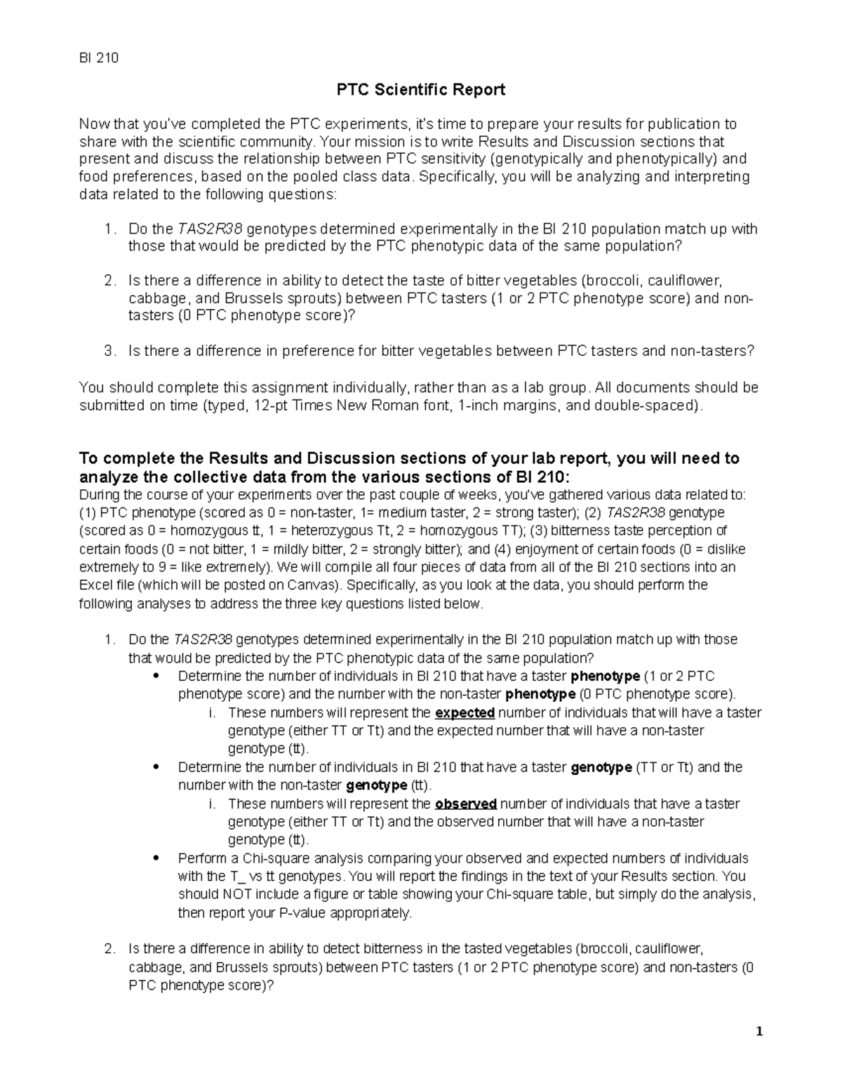 PTC lab report - BI 210 PTC Scientific Report Now that you’ve completed ...