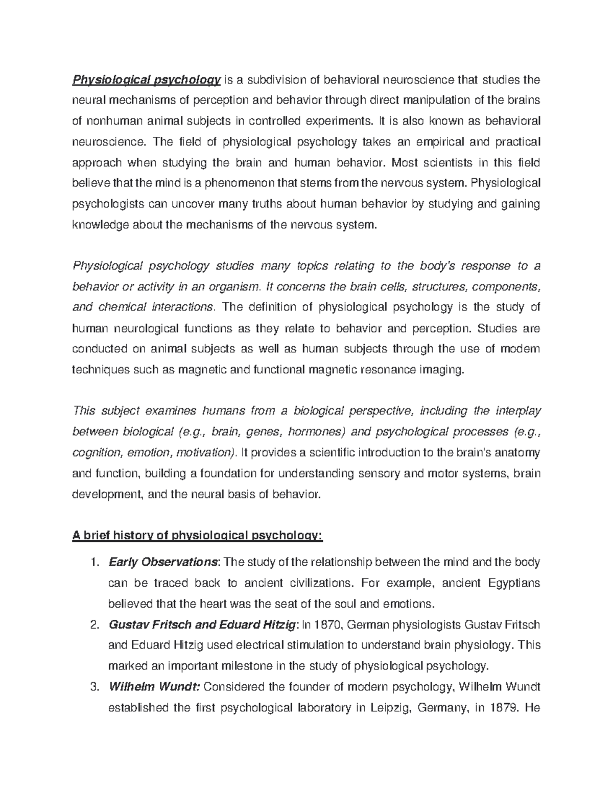 Psycho notes - Physiological psychology is a subdivision of behavioral ...