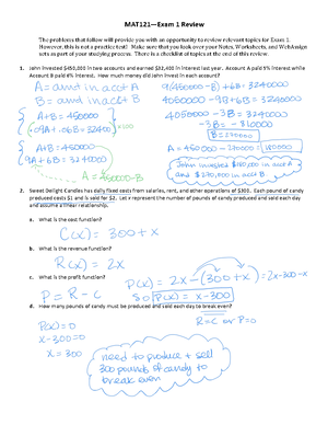 MATH 121 Final Exam Review - Name: Final Exam Review MAT 121: Finite Mathematics w/ Calculus ABC ...