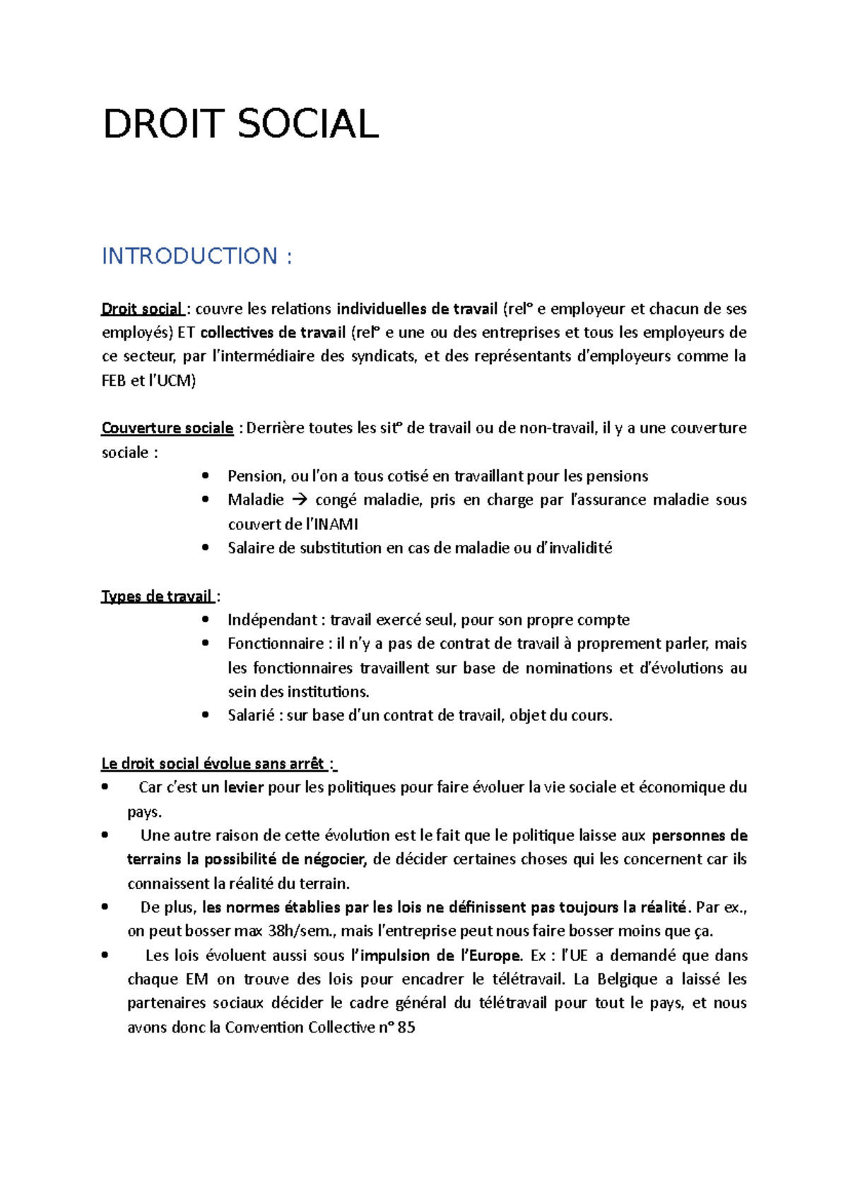 Droit Social - DROIT SOCIAL INTRODUCTION : Droit social : couvre les ...