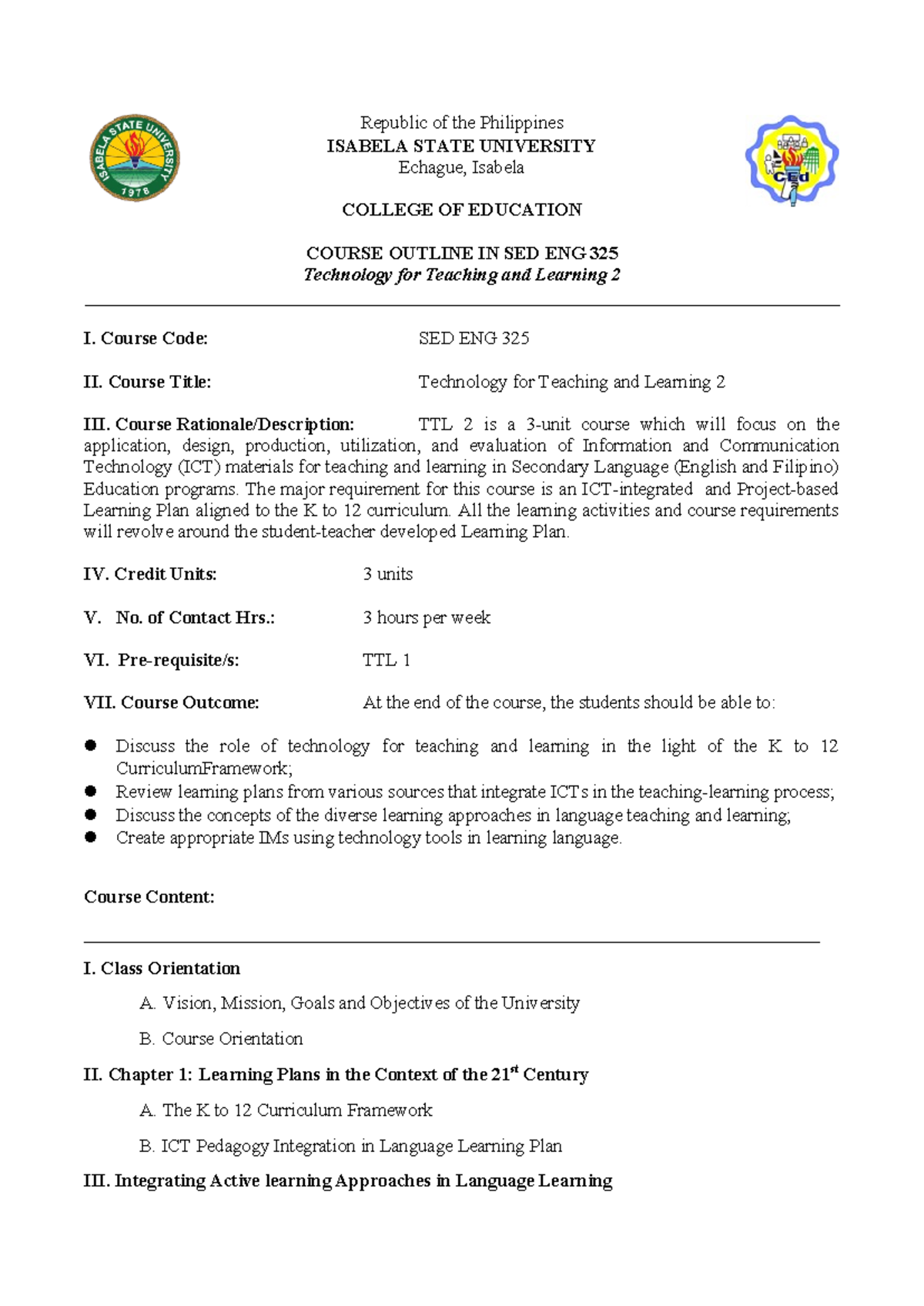 Course Outline in TTL2 2nd sem SY 23 24 Copy - Republic of the Philippines ISABELA STATE ...