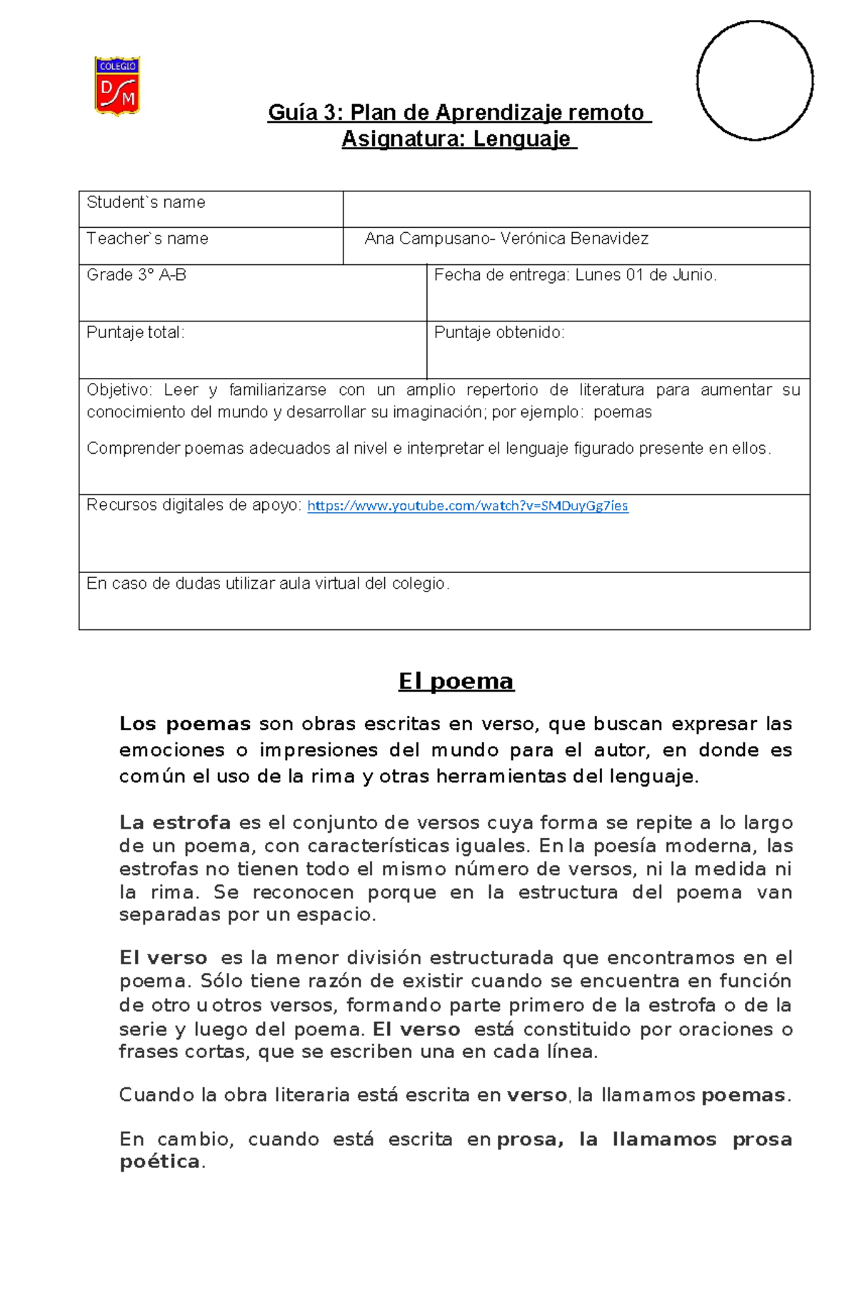 El poema y sus caracteristicas - Guía 3: Plan de Aprendizaje remoto ...