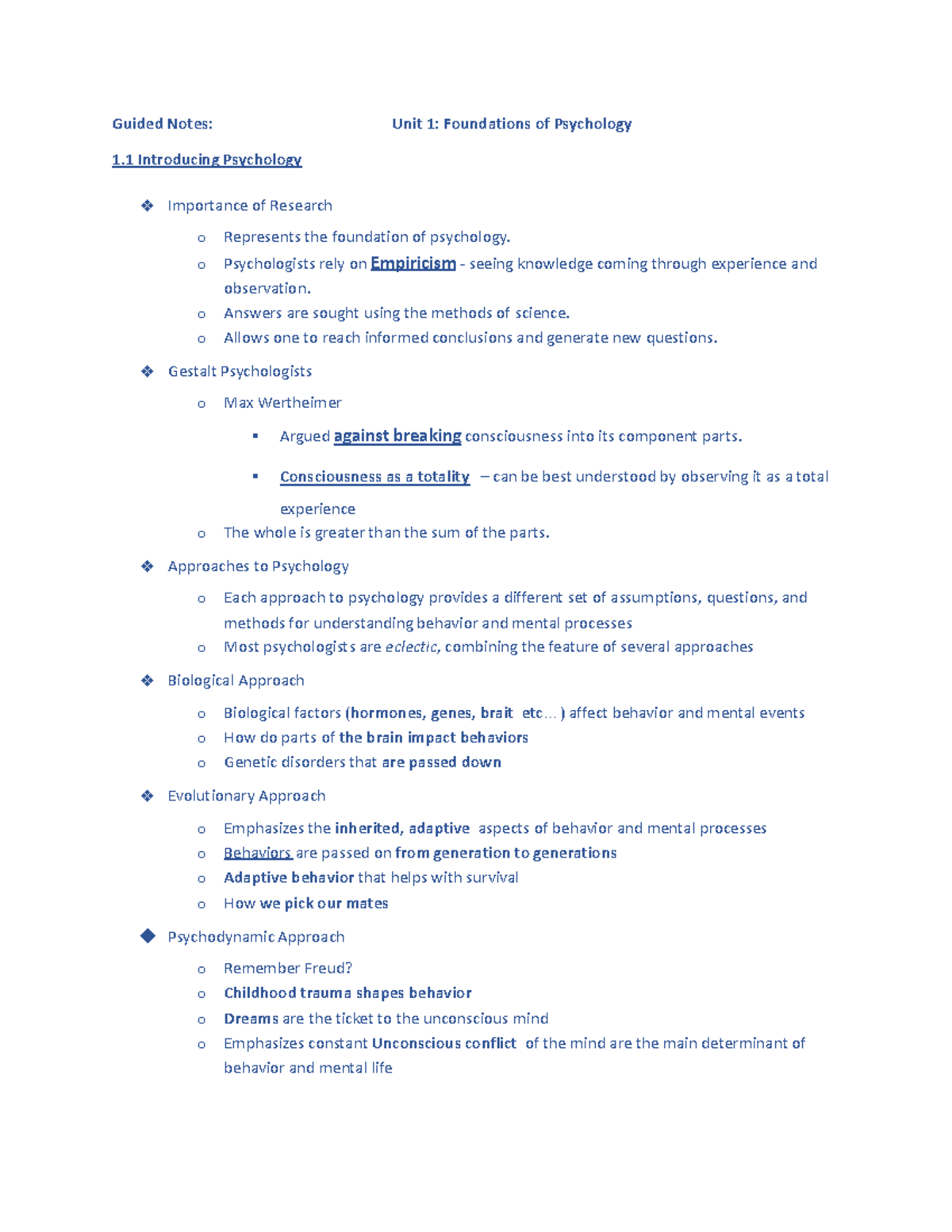 Unit 1 Foundations of Psychology - Guided Notes: Unit 1: Foundations of ...