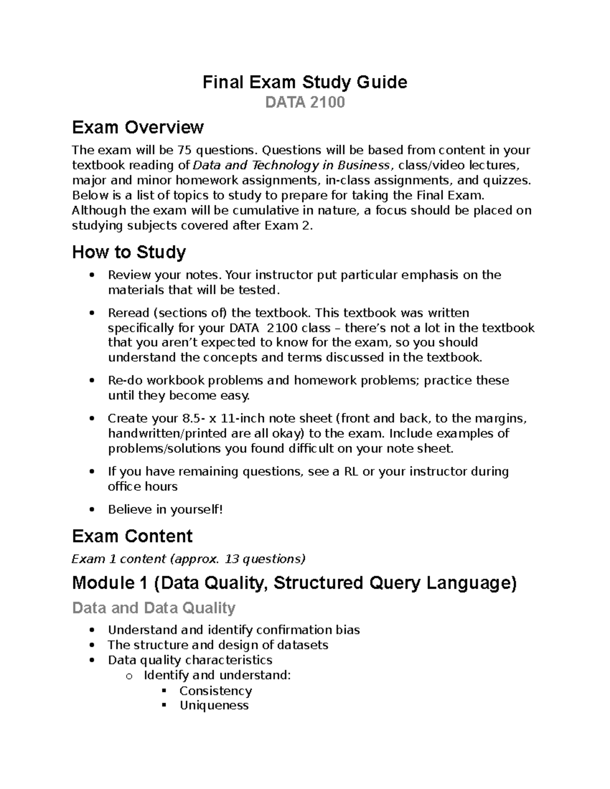 DATA 2100 Final Study Guide - Final Exam Study Guide DATA 2100 Exam ...