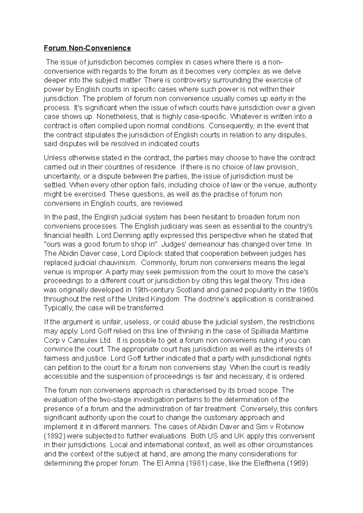 Forum MS - conflict of law essay - Forum Non-Convenience The issue of ...