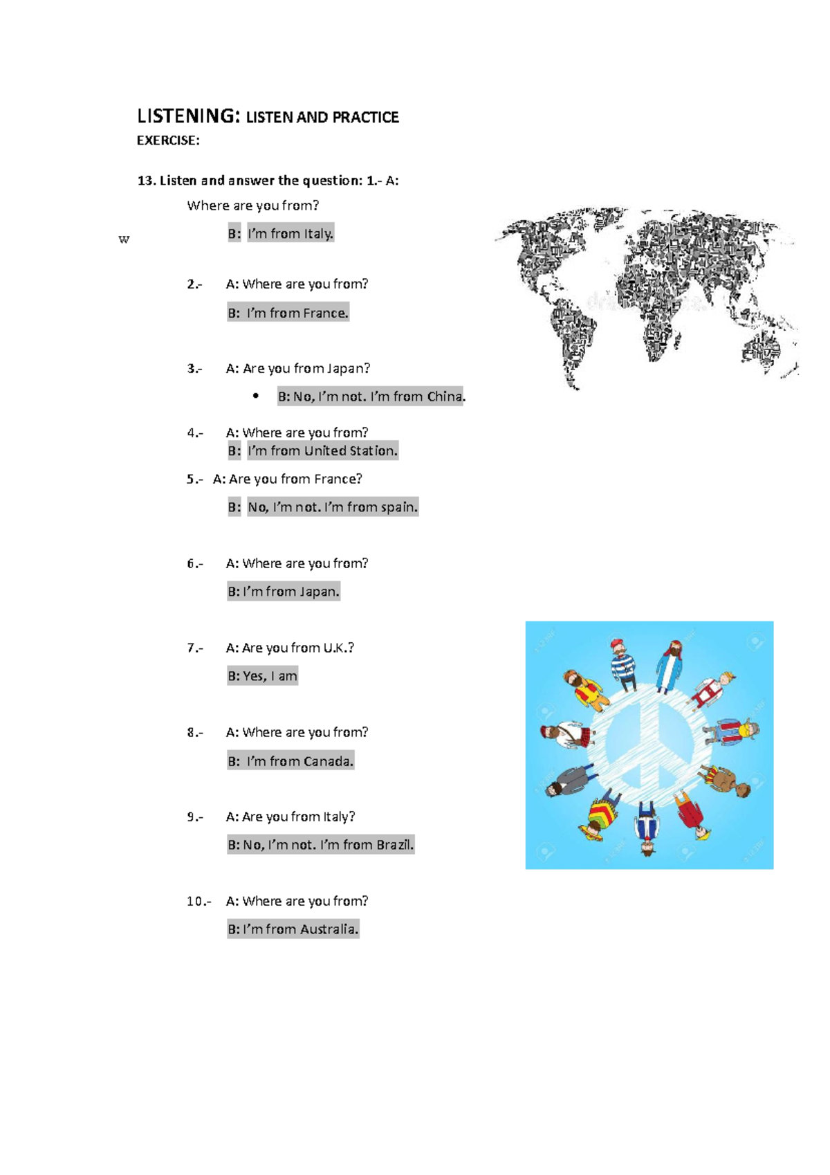 Listening Countries - Nationalities - LISTENING EXERCISE: : LISTEN AND ...
