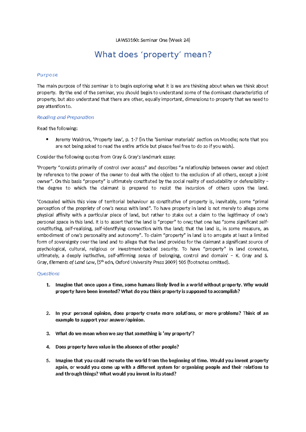Seminar 1 - What does property mean 23-24 - LAWS3160: Seminar One (Week ...