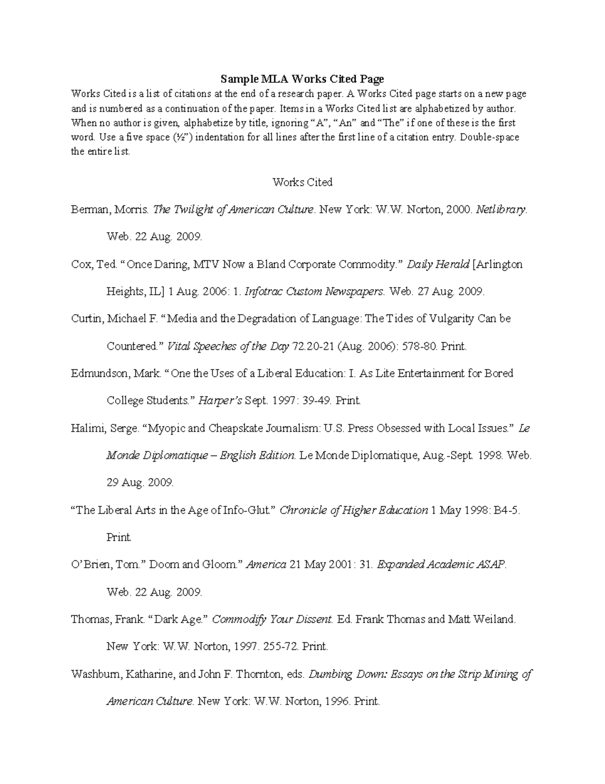 MLA Works Cited Page - Sample Entries and Guidelines - Sample MLA Works ...