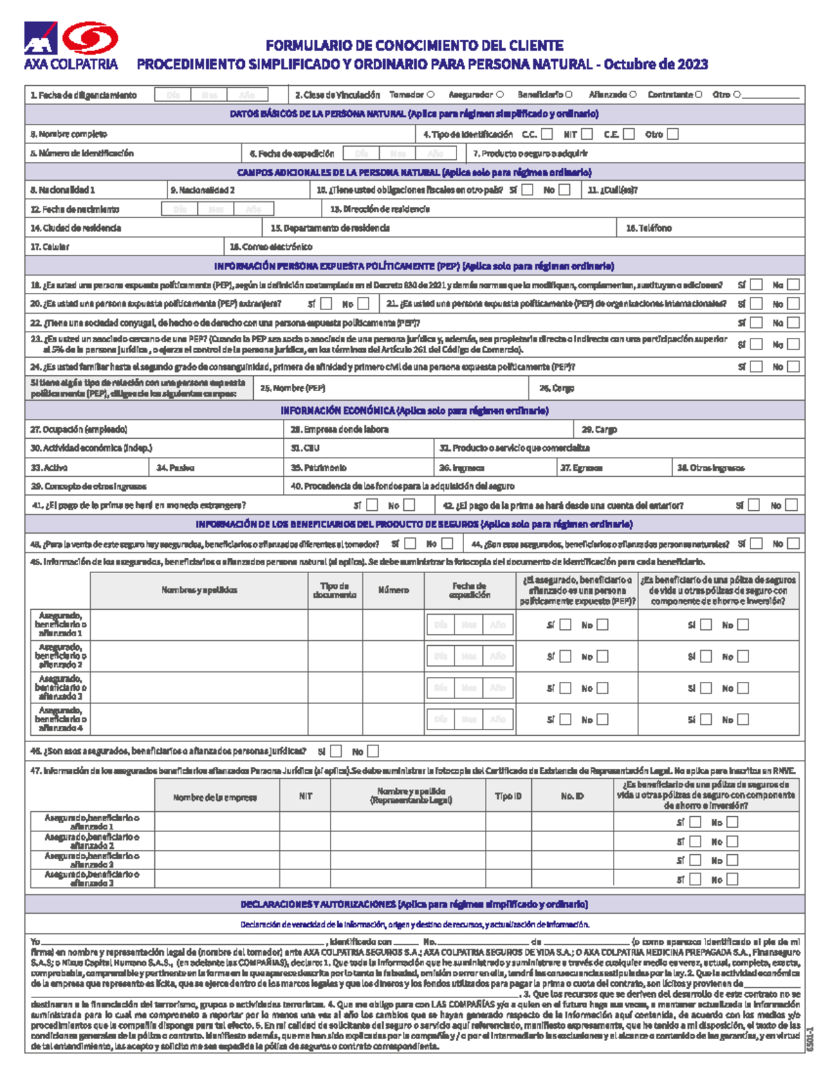 Sarlaft Formulario PN Octubre 2023 AXA - FORMULARIO DE CONOCIMIENTO DEL ...