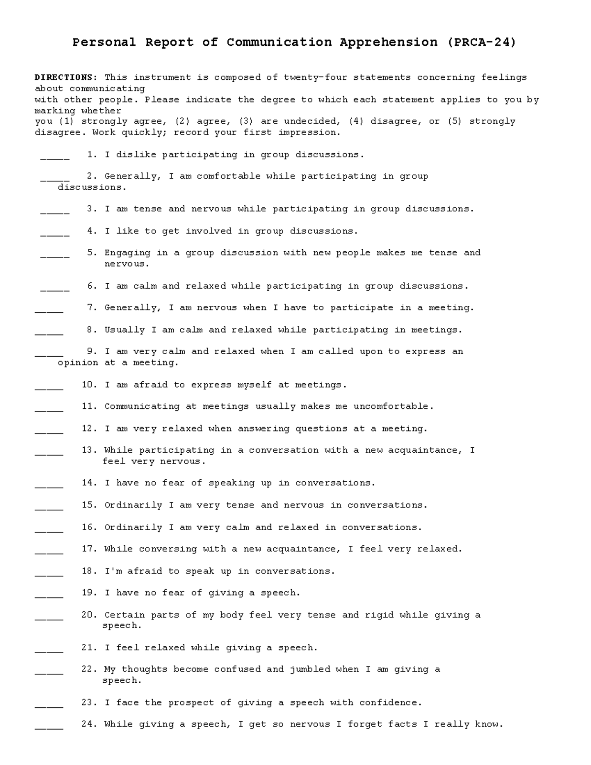 PRCA Self Test Updated - Personal Report of Communication Apprehension ...