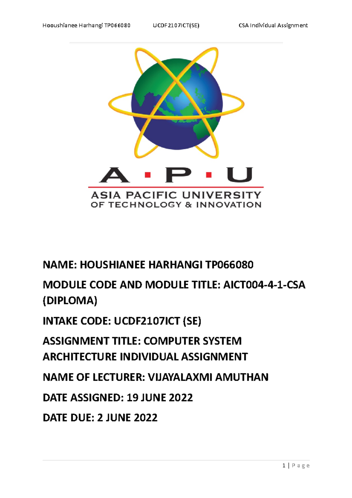 CSA SOLO Final - assignments and coursework - NAME: HOUSHIANEE HARHANGI TP MODULE CODE AND ...