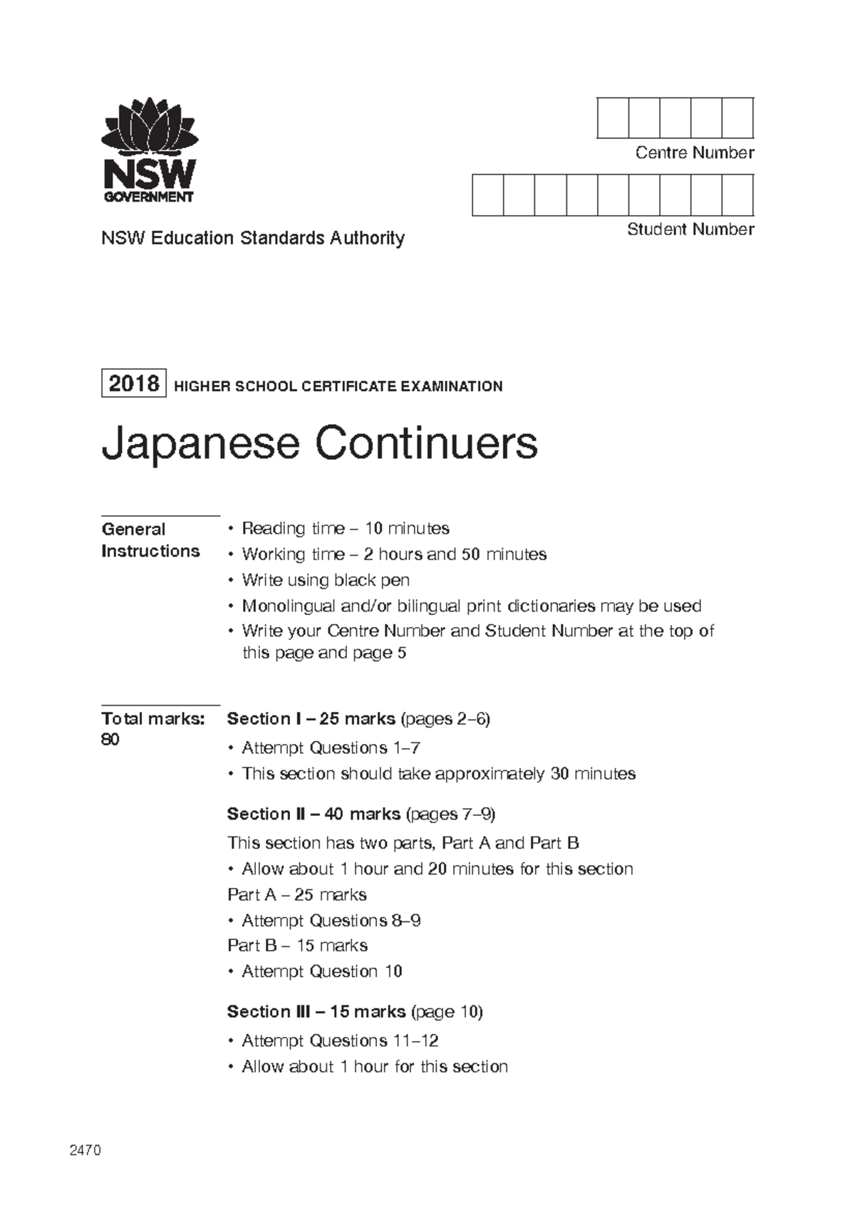 Japanese 2018 HSC - Centre Number Student Number 2470 NSW Education ...